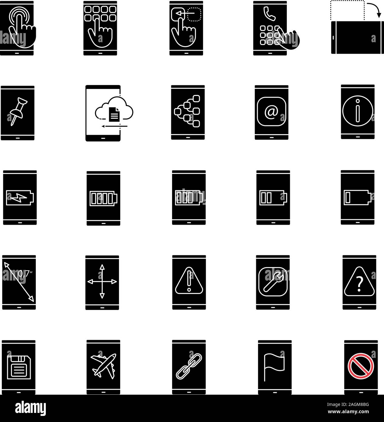Smartphone glyph icons set. Internet connection, data transfer, apps ...
