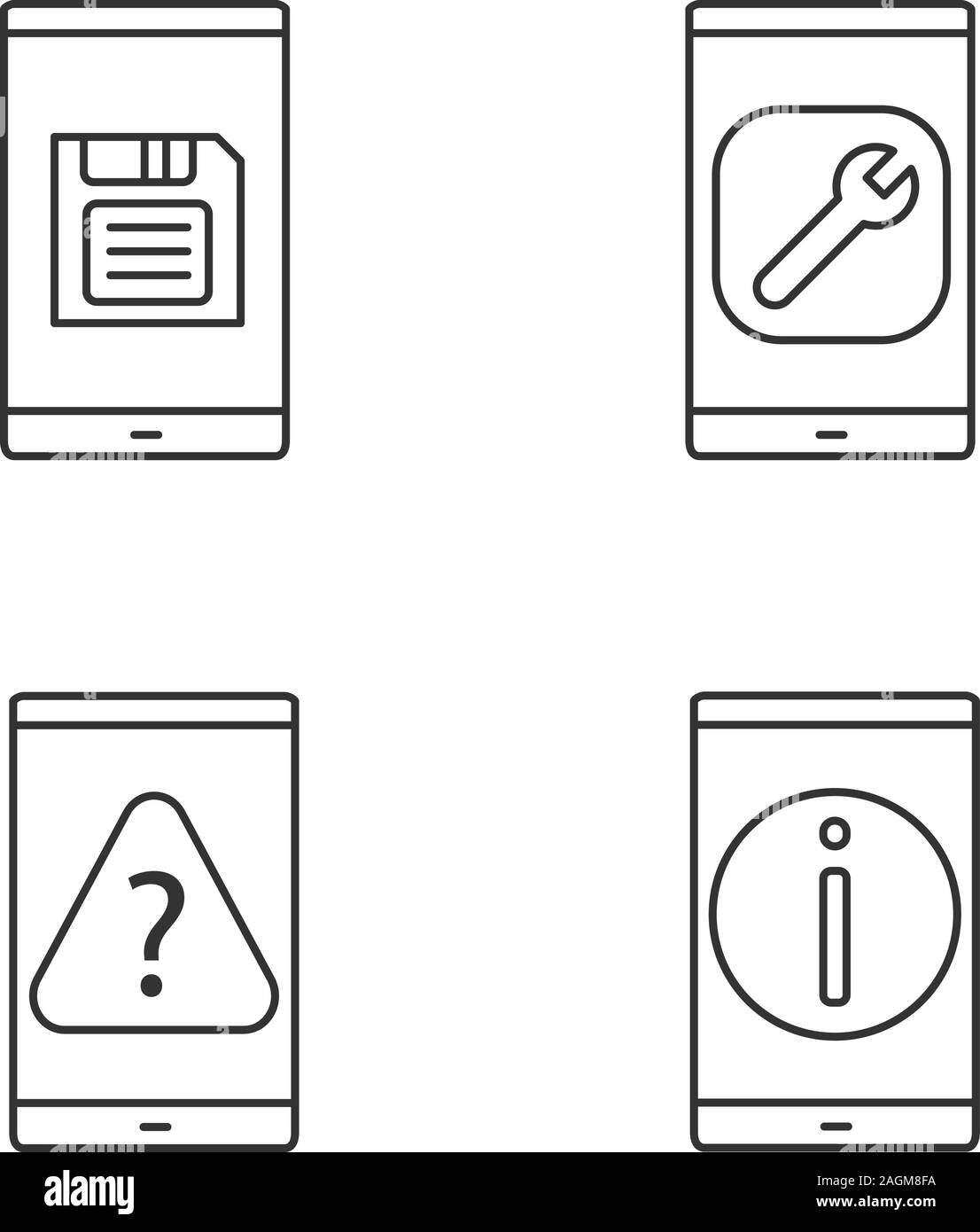 Smartphone linear icons set. Save button, settings, mobile phone FAQ ...