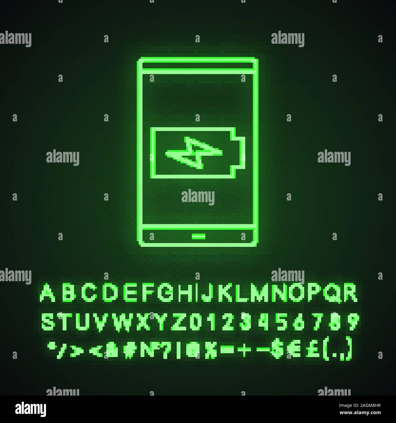Smartphone battery charging neon light icon. Glowing sign with alphabet ...
