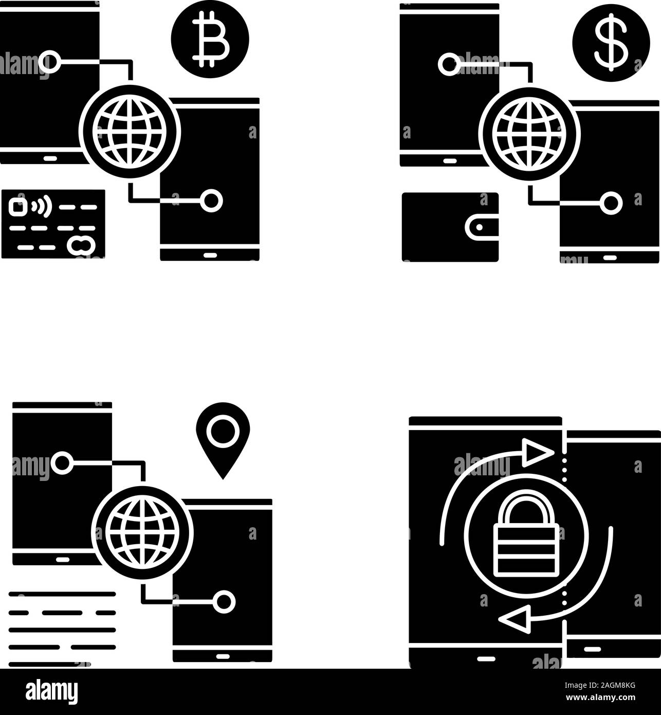 Smartphone glyph icons set. Bitcoin and dollar digital wallets, GPS ...