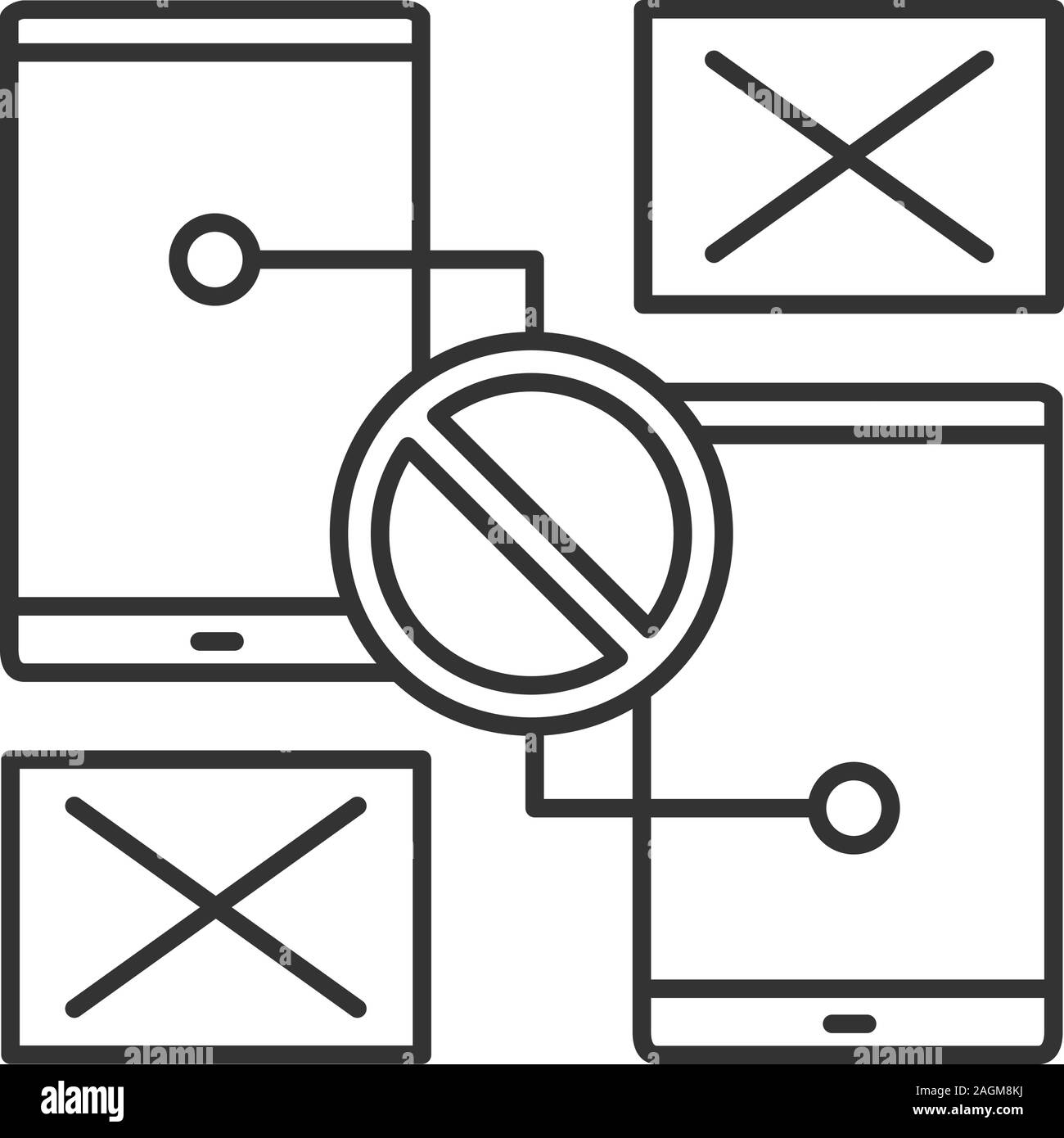 Smartphones with forbidden sign linear icon. Thin line illustration. No ...