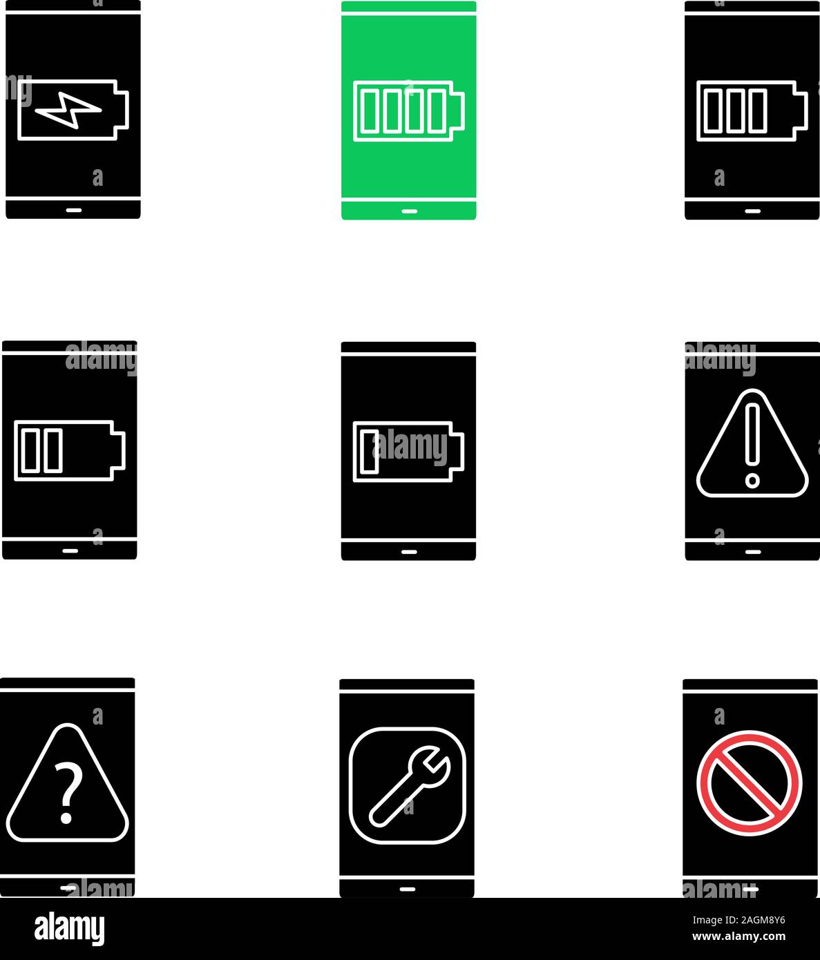 Smartphone glyph icons set. Low and high smartphone battery charge ...