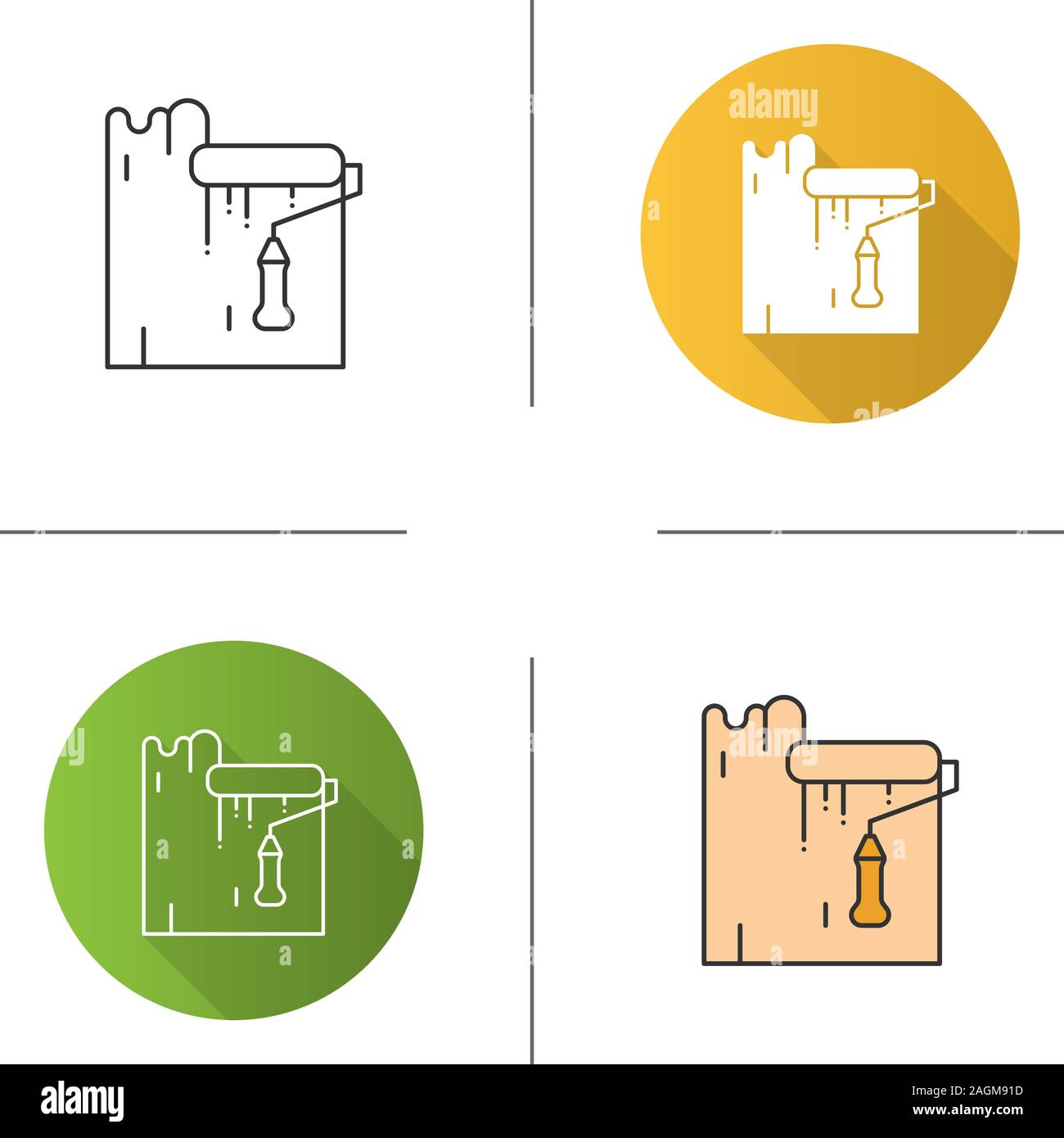 Paint roller dyeing wall icon. Interior design. Flat design, linear and ...