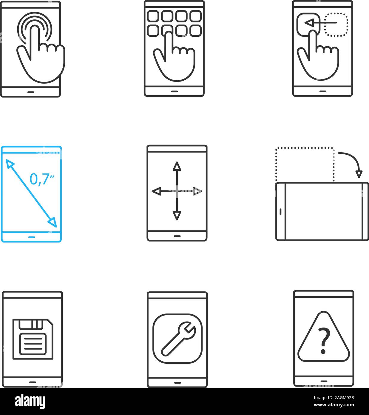 Smartphone linear icons set. Touchscreen, keypad, drag gesture, display ...
