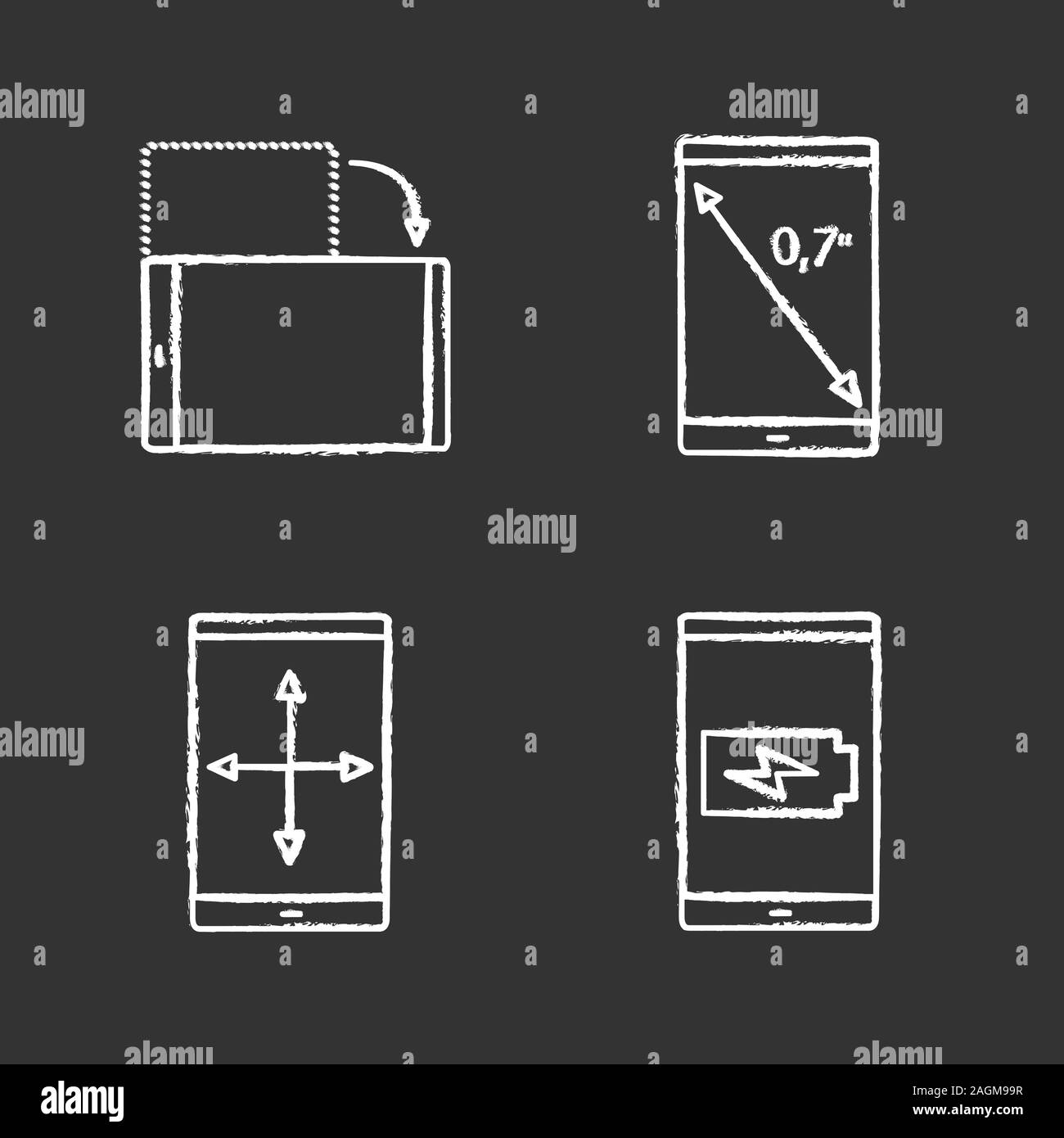 Smartphone chalk icons set. Display inch size, screen rotation and ...