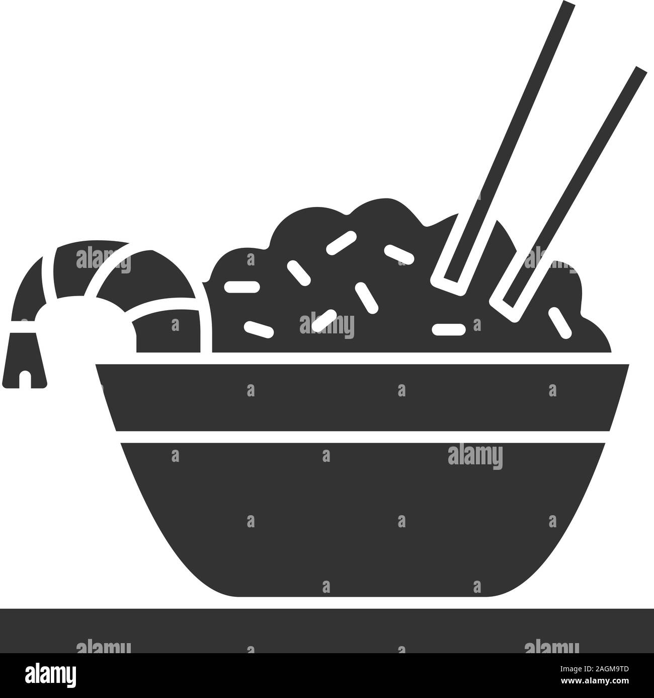 Rice with shrimps glyph icon. Chinese fried rice in bowl and chopsticks ...