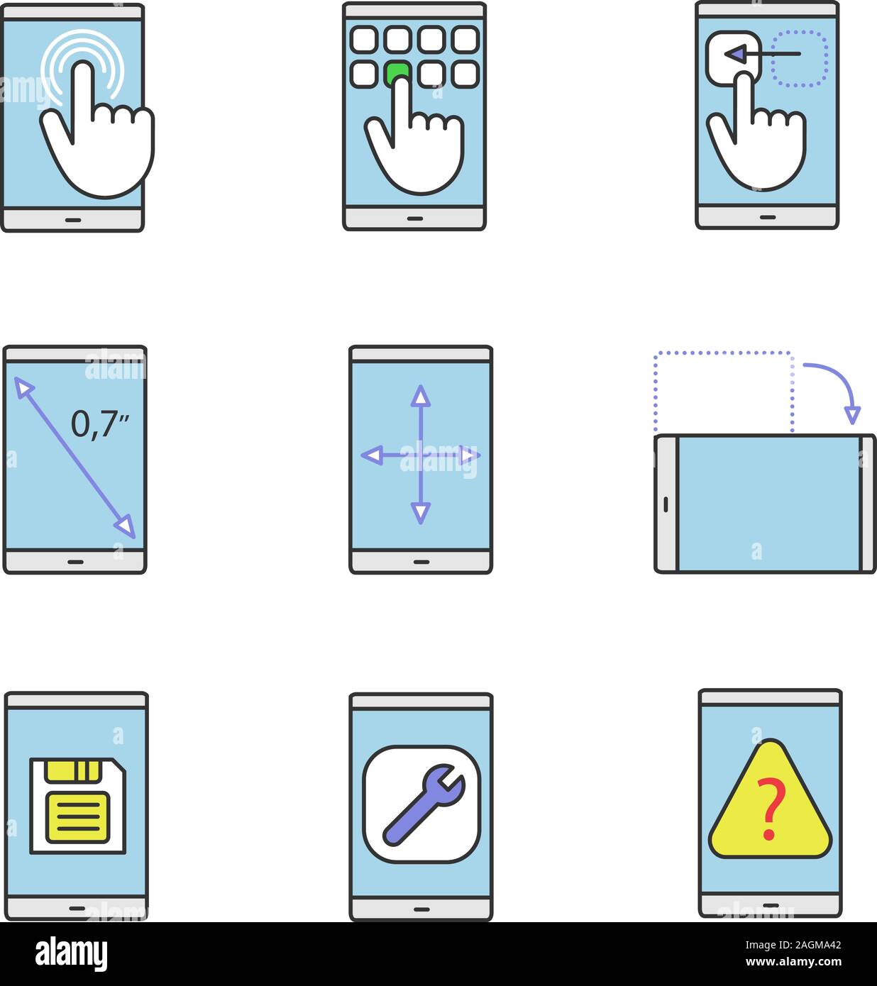 Smartphone color icons set. Touchscreen, keypad, drag gesture, display ...