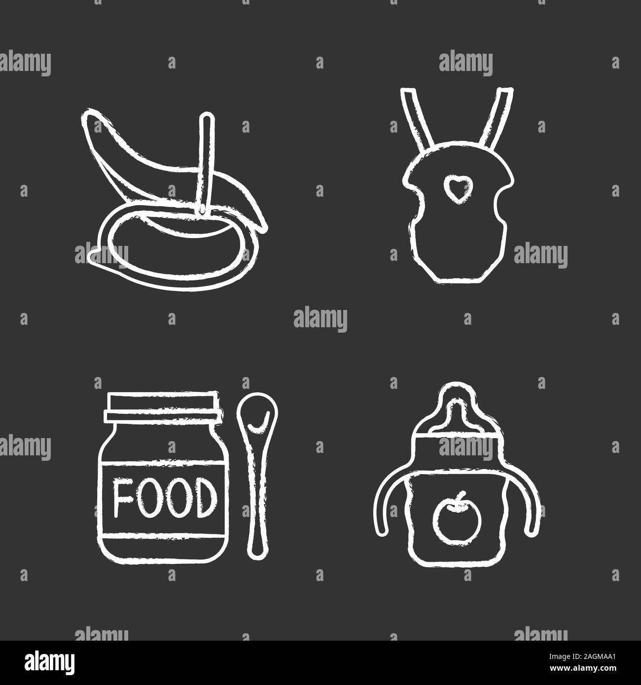 Childcare chalk icons set. Rocking chair, baby carrier, food, sippy cup ...