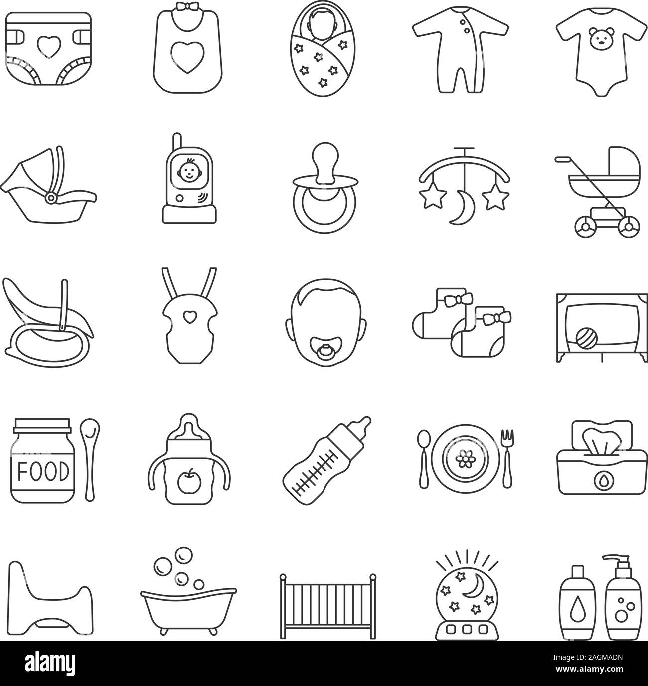 Childcare linear icons set. Equipment, clothes, carriages, car seats ...