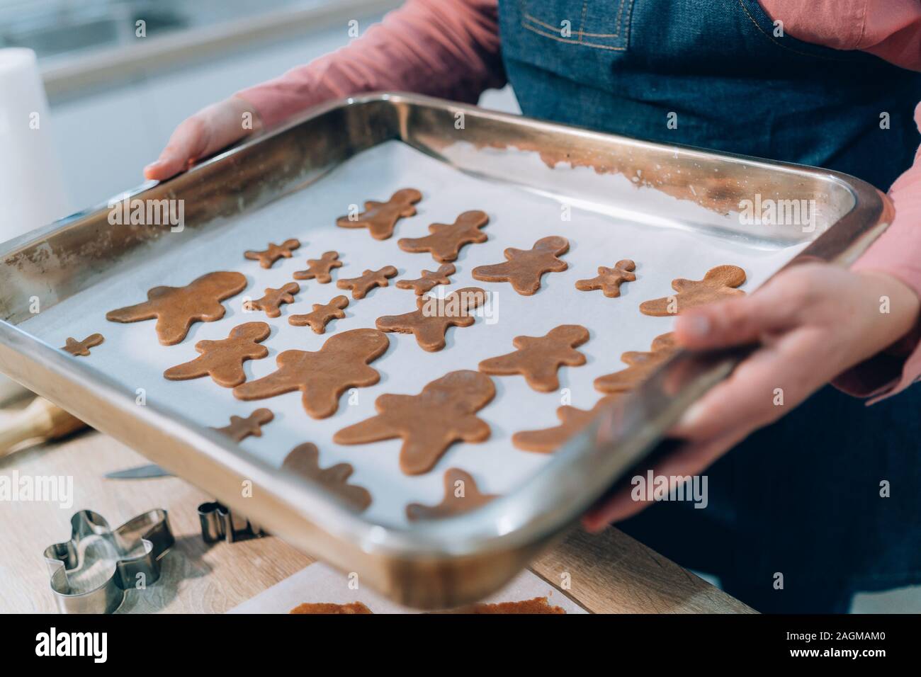Woman holding a Raw Gingerbread Men on Baking Sheet on a Tray to Baking ...