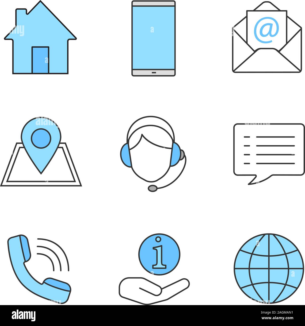 Information center color icons set. Homepage, smartphone, email, GPS ...