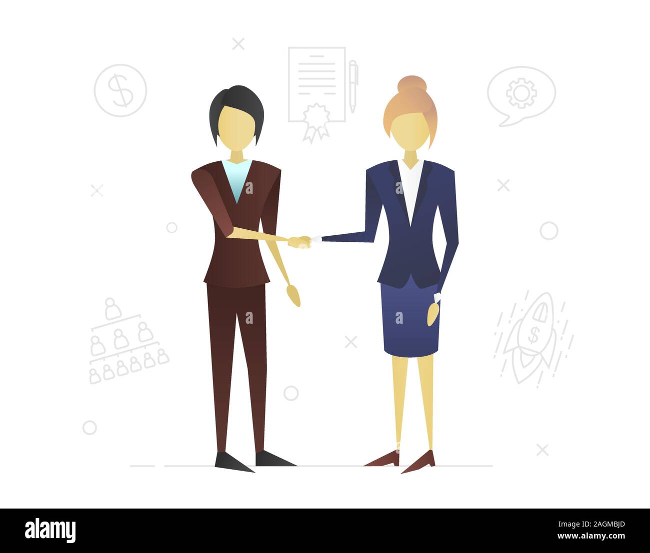 Two businesswomen making deal flat character design. Business ...