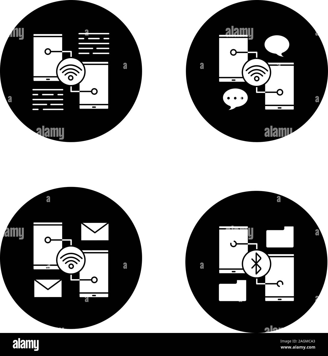Smartphone connection glyph icons set. Chatting, sending e-mail ...