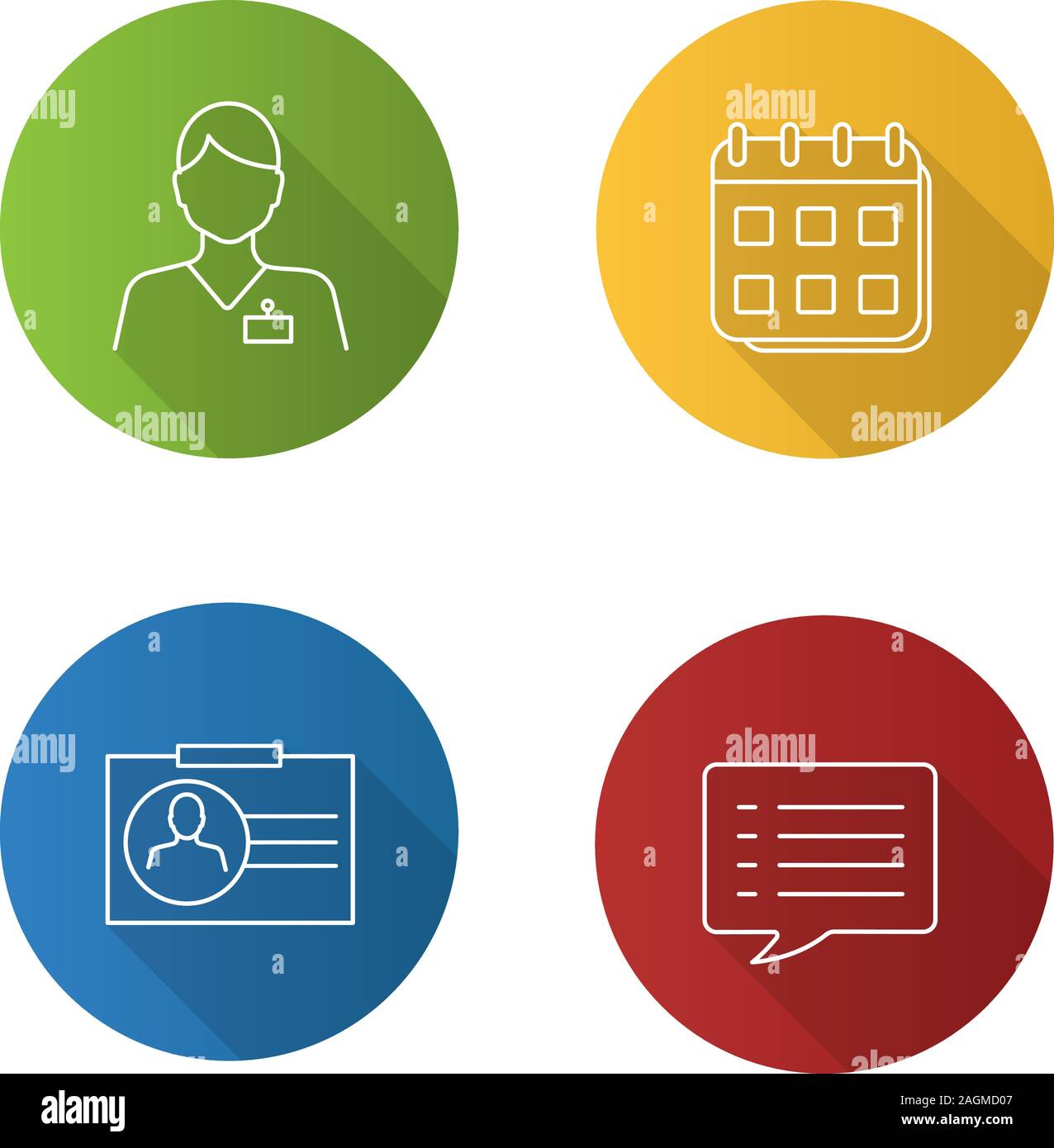 Information center flat linear long shadow icons set. Calendar, speech ...