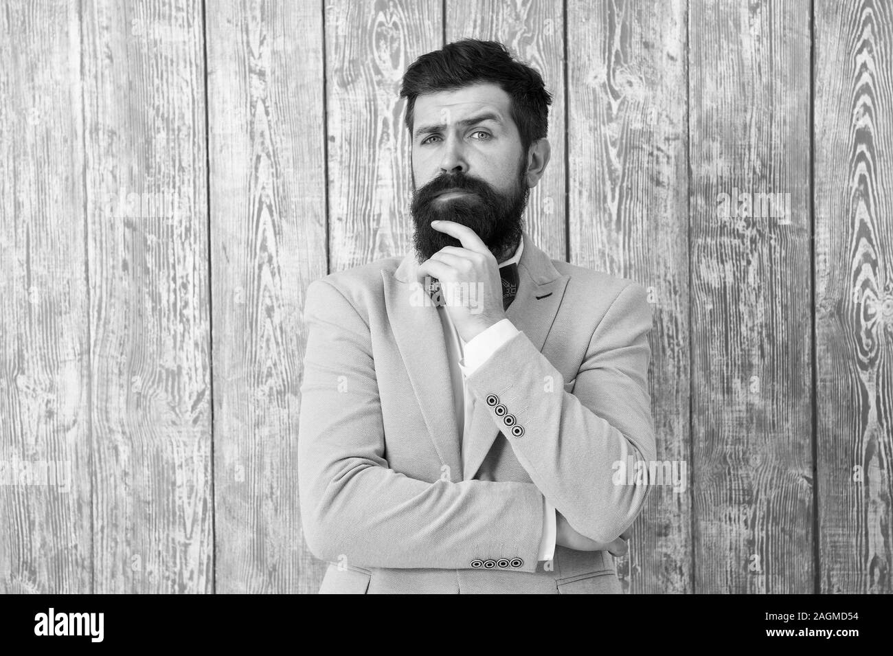 Guy well groomed handsome bearded hipster wear tuxedo. Gentleman style ...