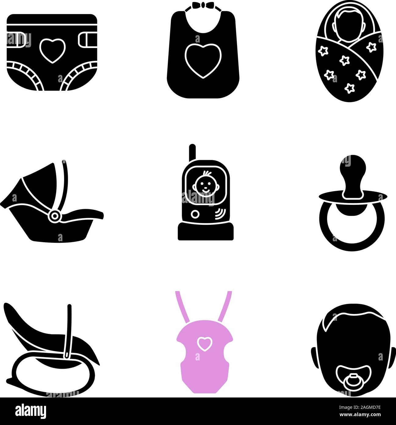 Childcare glyph icons set. Baby diaper, bib, newborn, car seat, radio nanny, pacifier, rocking ...