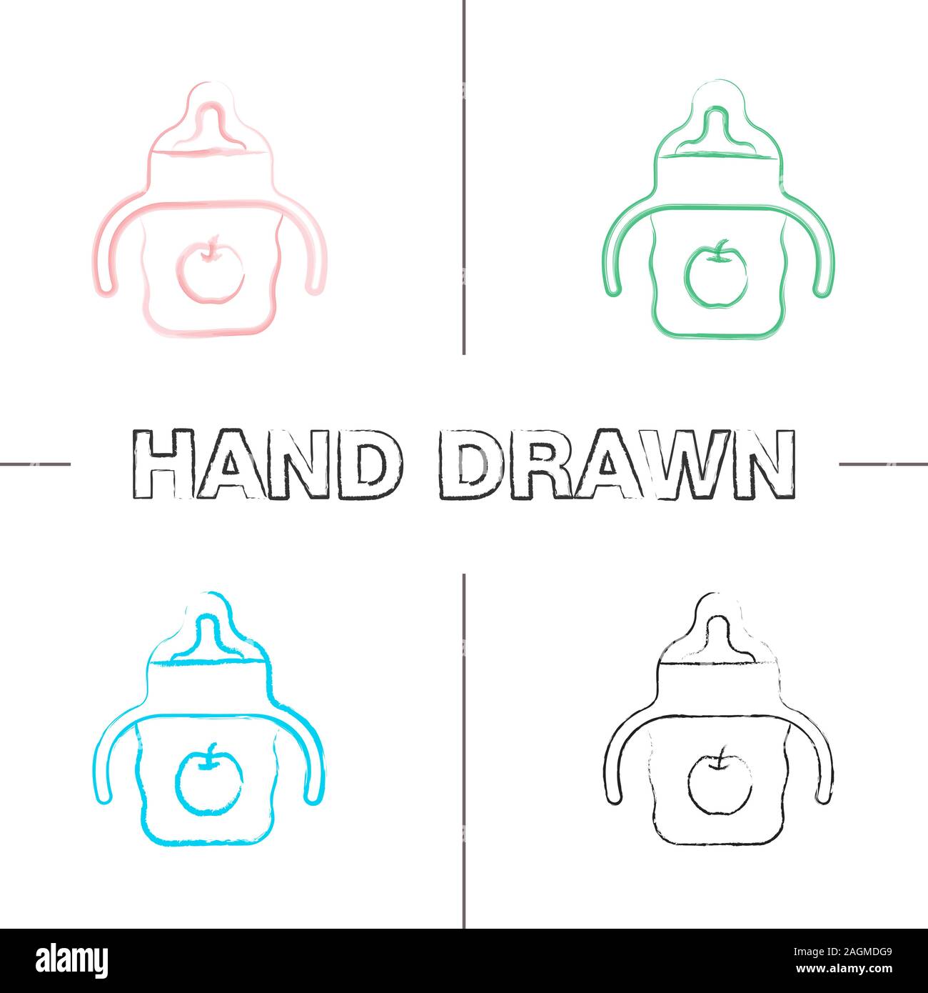 Baby sippy cup hand drawn icons set. Child feeding bottle. Color brush ...