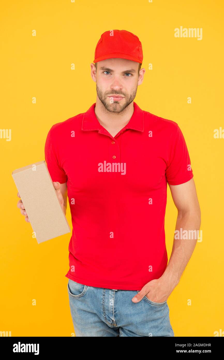 impressive seller man yellow background. Have nice day. friendly sale ...