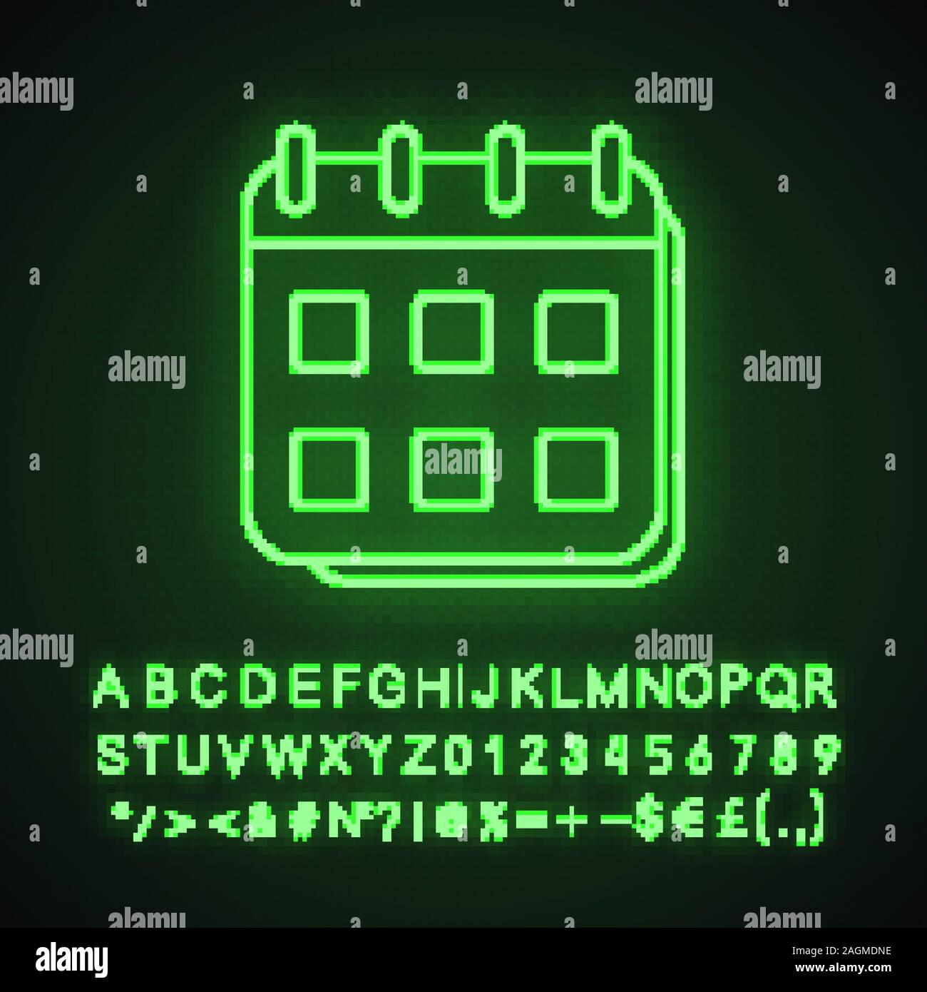 Calendar neon light icon. Schedule. Glowing sign with alphabet, numbers ...