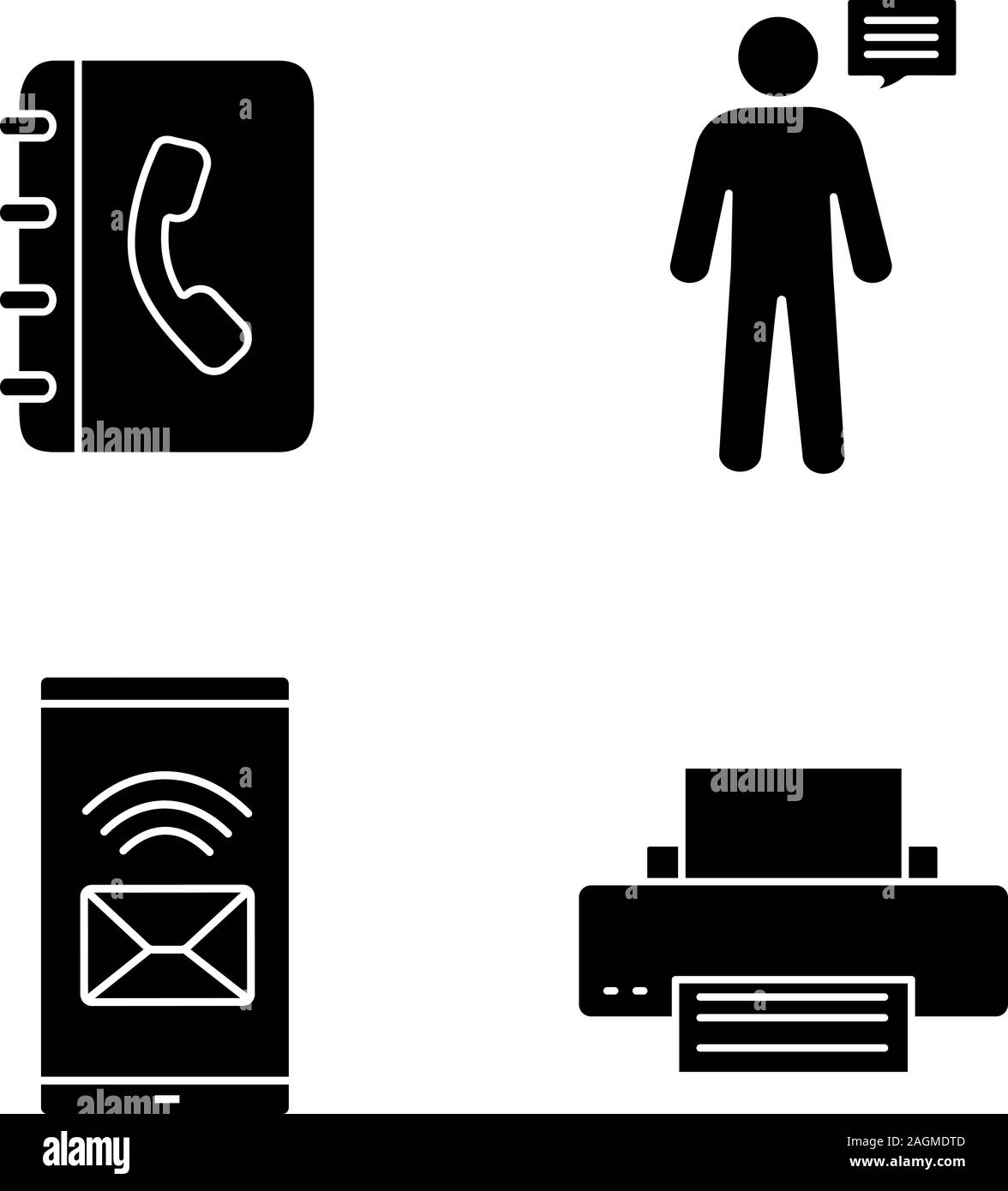Information center glyph icons set. Telephone book, announcement ...