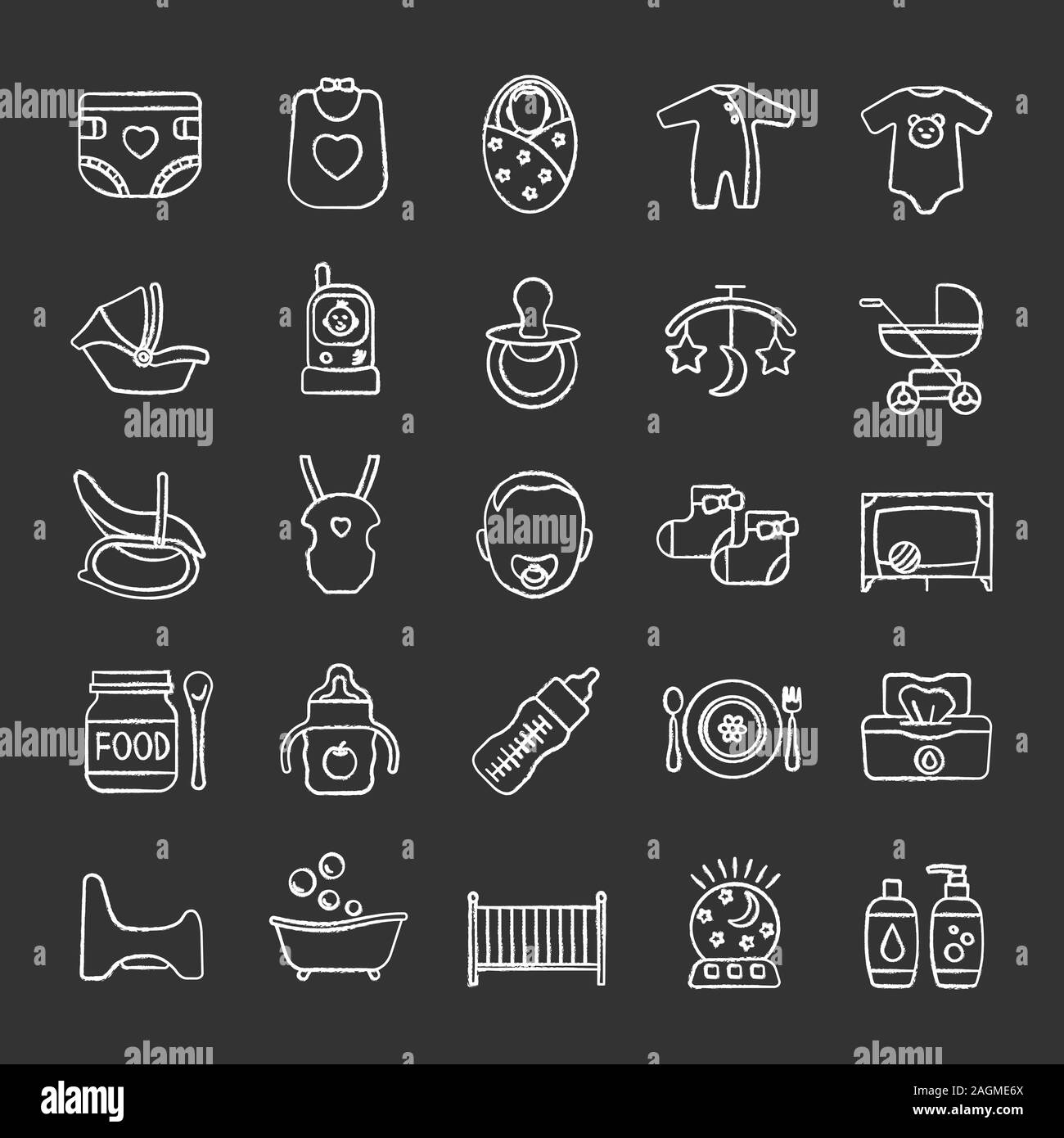 Childcare chalk icons set. Equipment, clothes, carriages, car seats ...