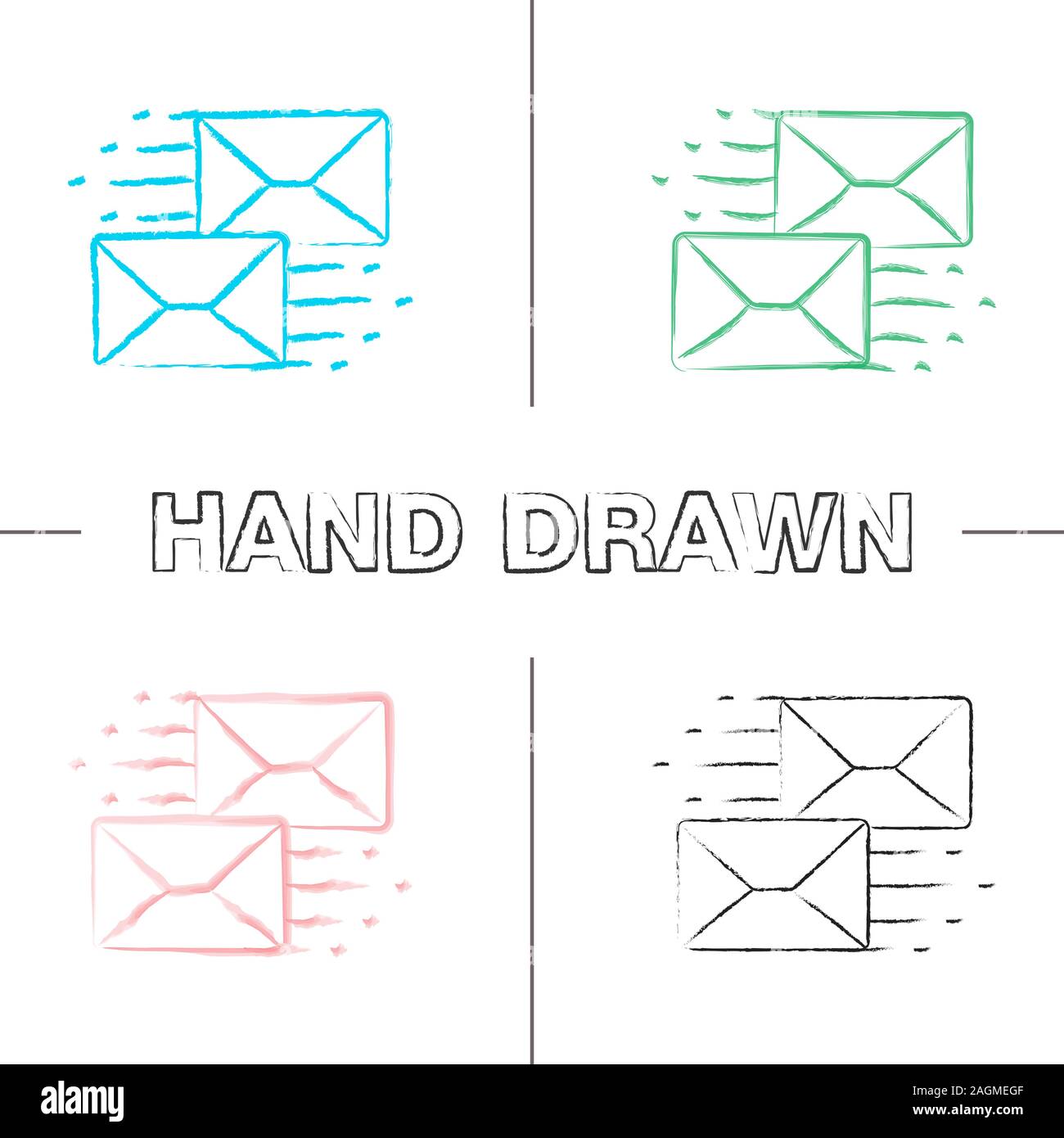 Mailing hand drawn icons set. Correspondence. Flying envelopes ...