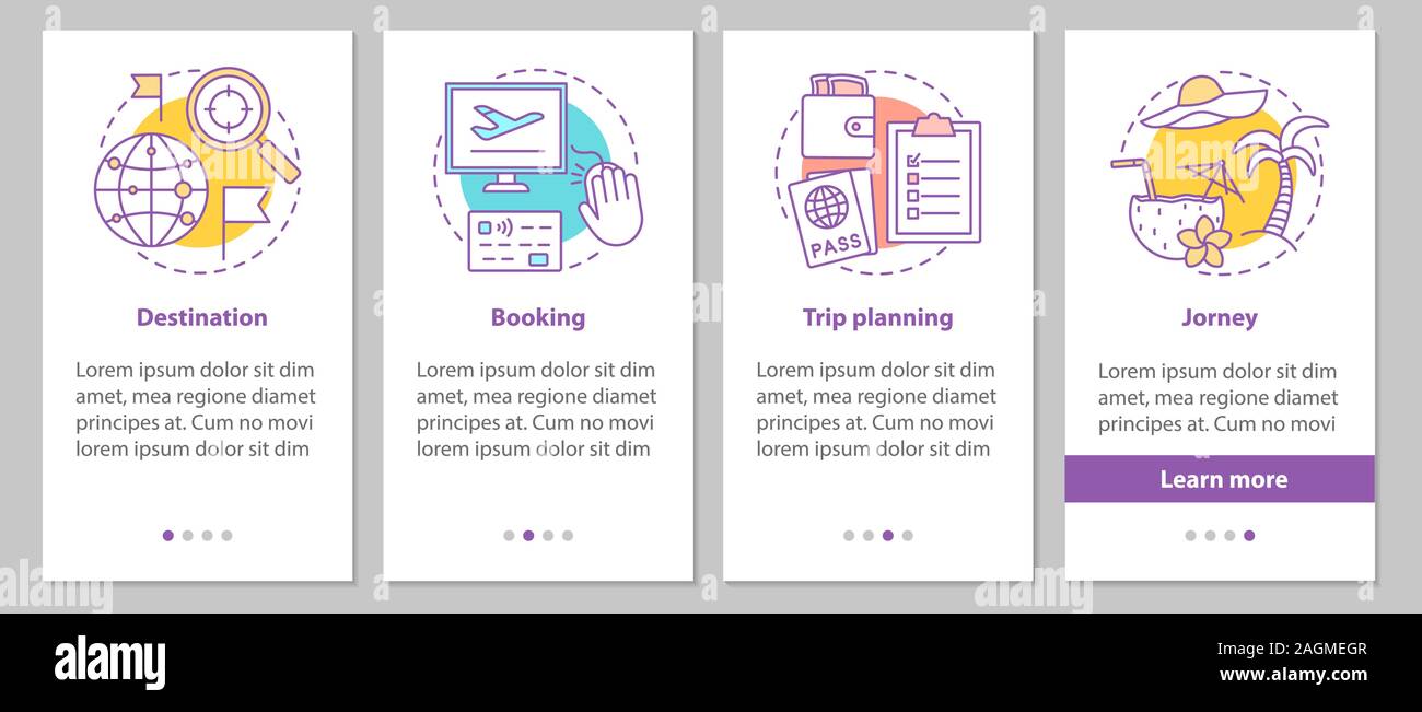 Travel organization onboarding mobile app page screen with linear ...