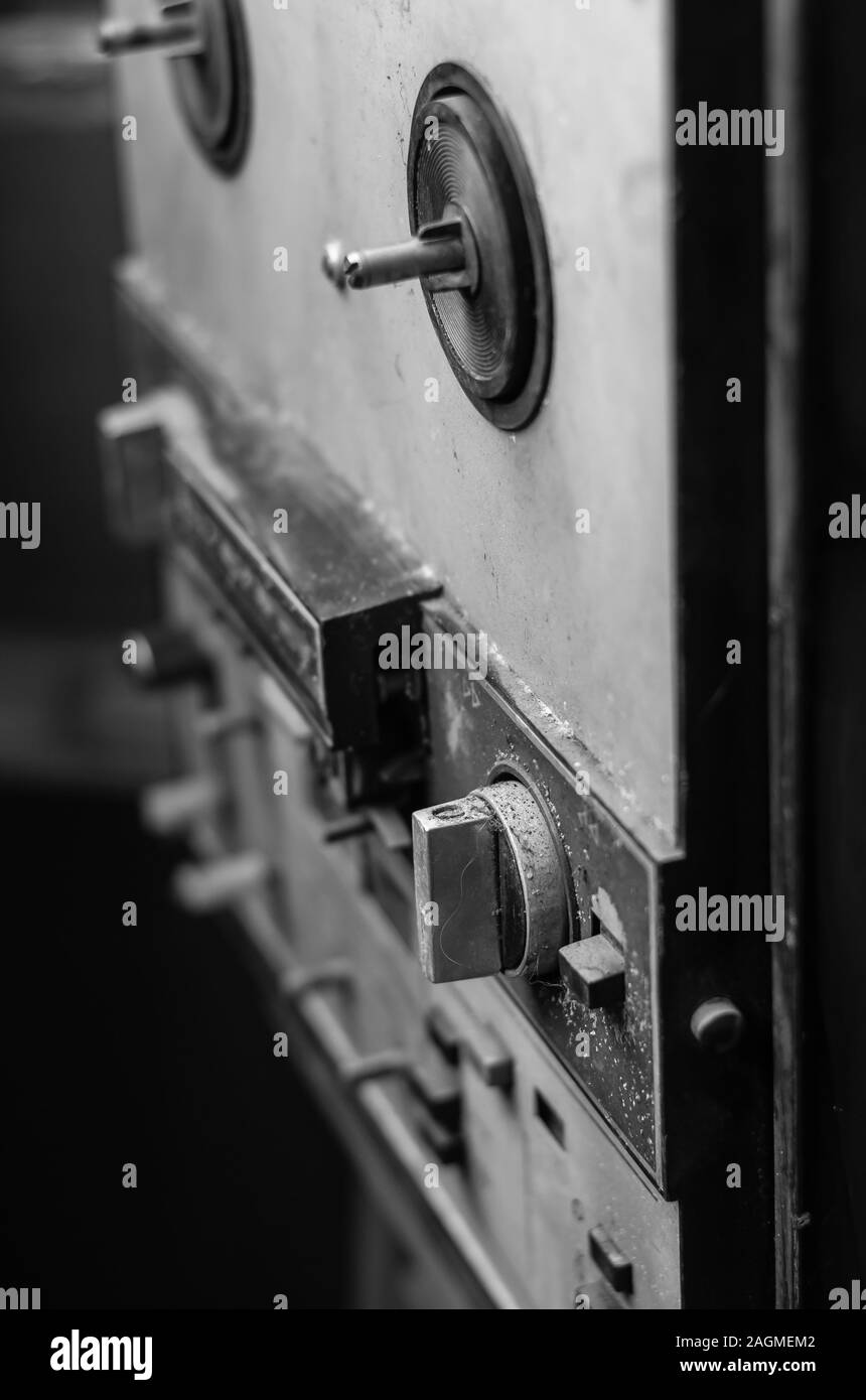 Side view of an old bobbin tape recorder. Vintage tape recorder without ...