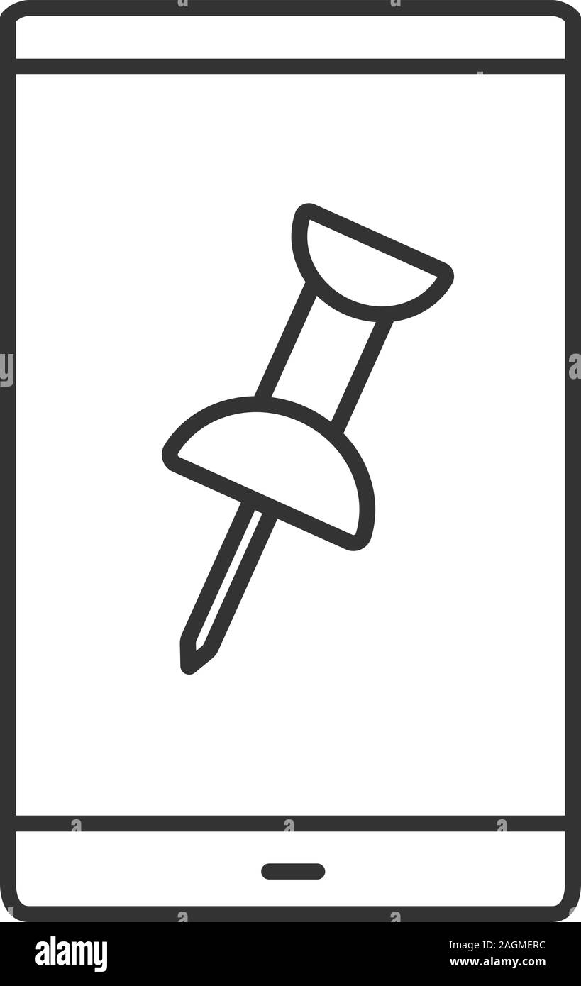 Mobile phone with pin linear icon. Thin line illustration. Attach file ...