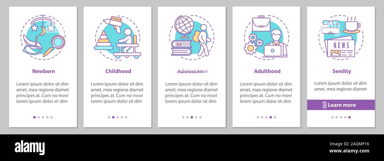 Human lifecycle onboarding mobile app page screen with linear concepts. Newborn, childhood ...