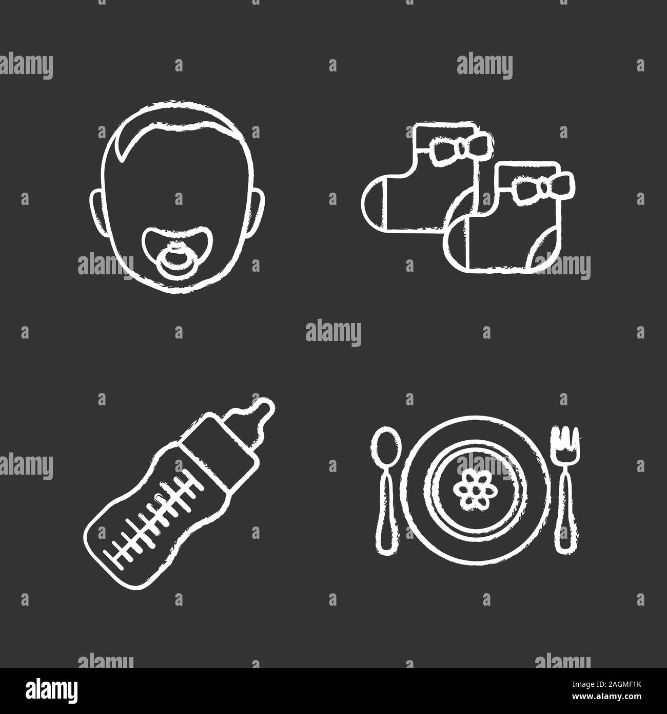 Childcare chalk icons set. Baby face with pacifier, girl socks, feeding ...