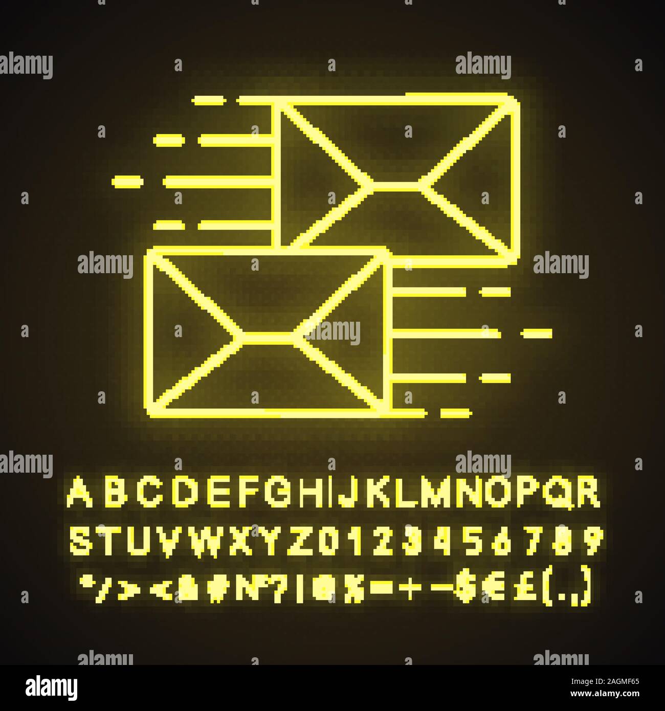 Mailing neon light icon. Glowing sign with alphabet, numbers and ...