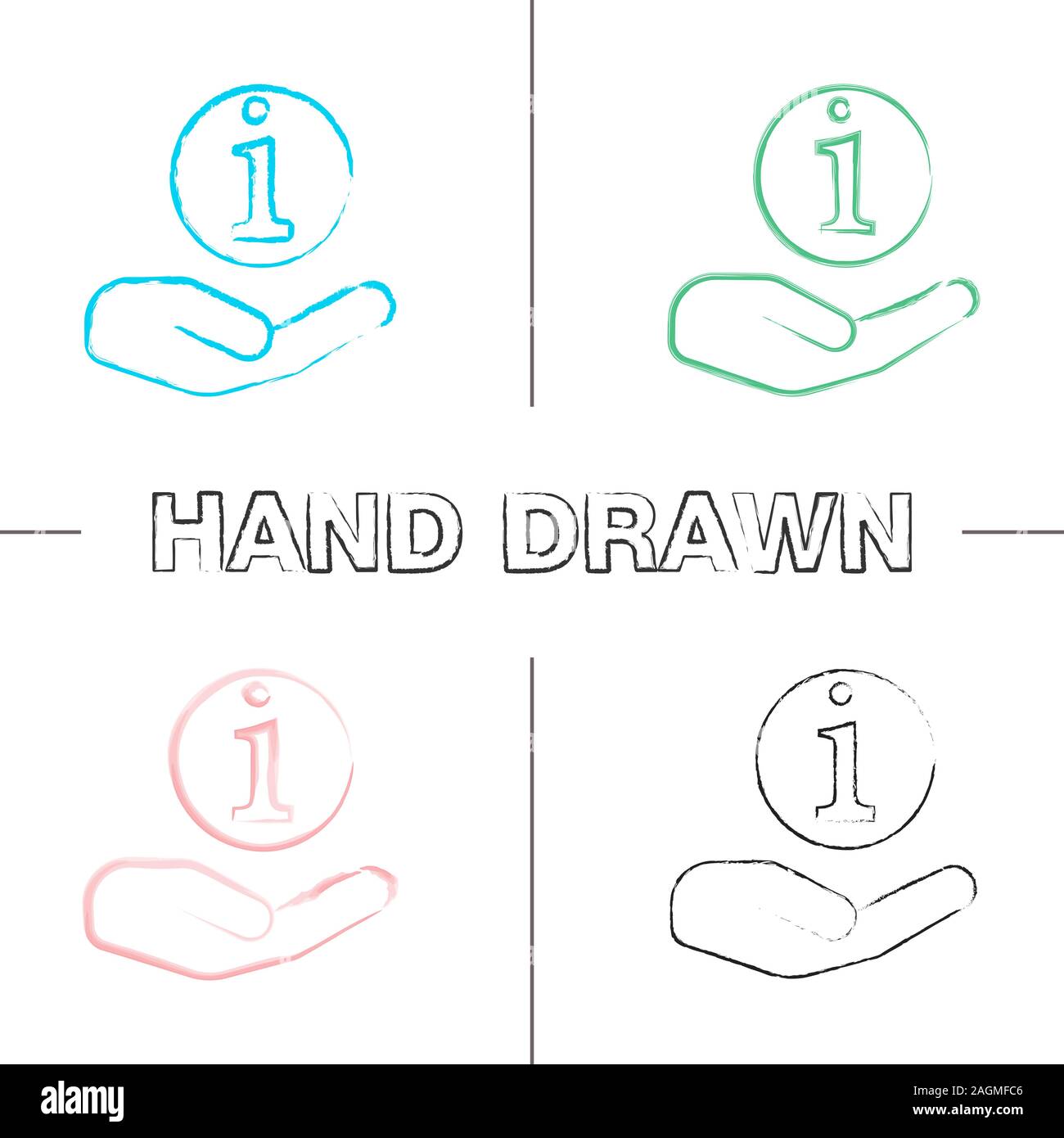 Hand holding info sign hand drawn icons set. Color brush stroke ...