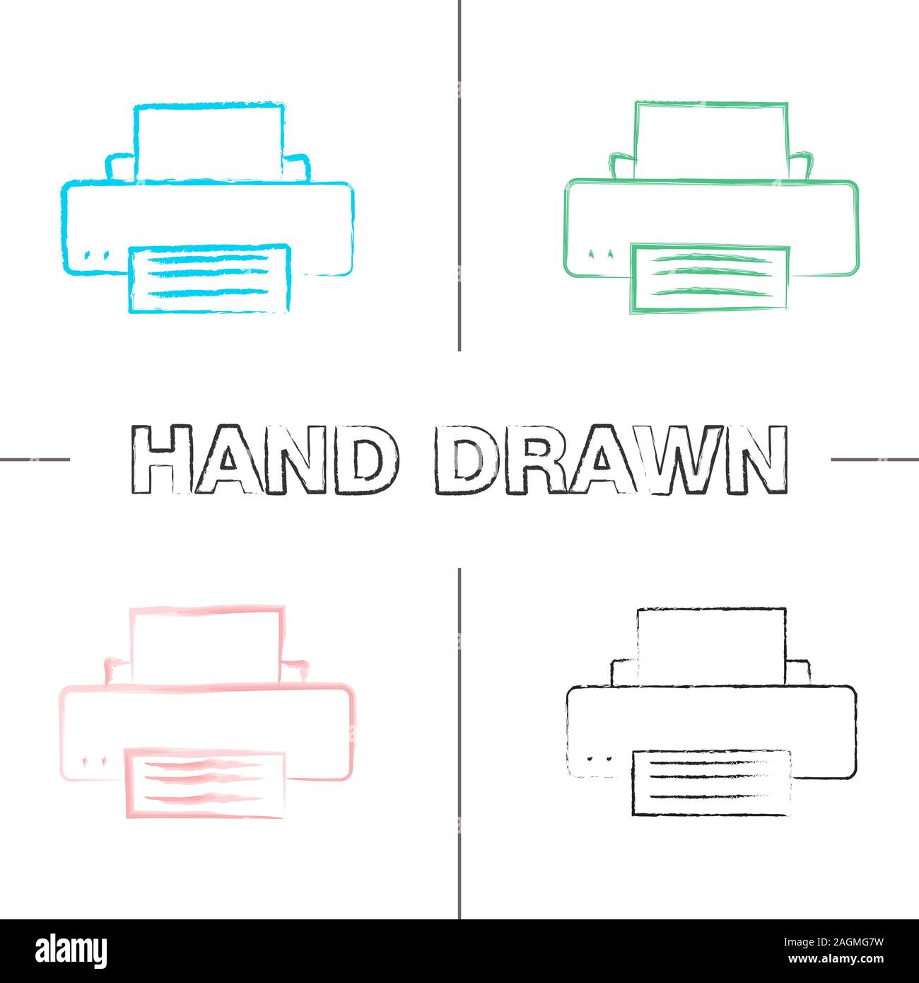 Printer hand drawn icons set. Printing machine. Color brush stroke ...