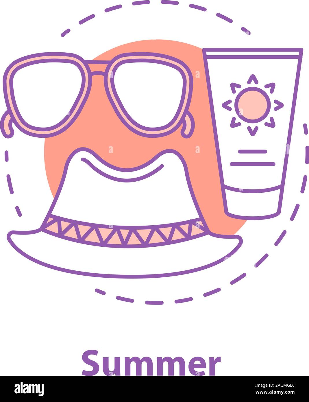 Summer rest concept icon. Sunglasses, hat, suntan cream. Summer ...