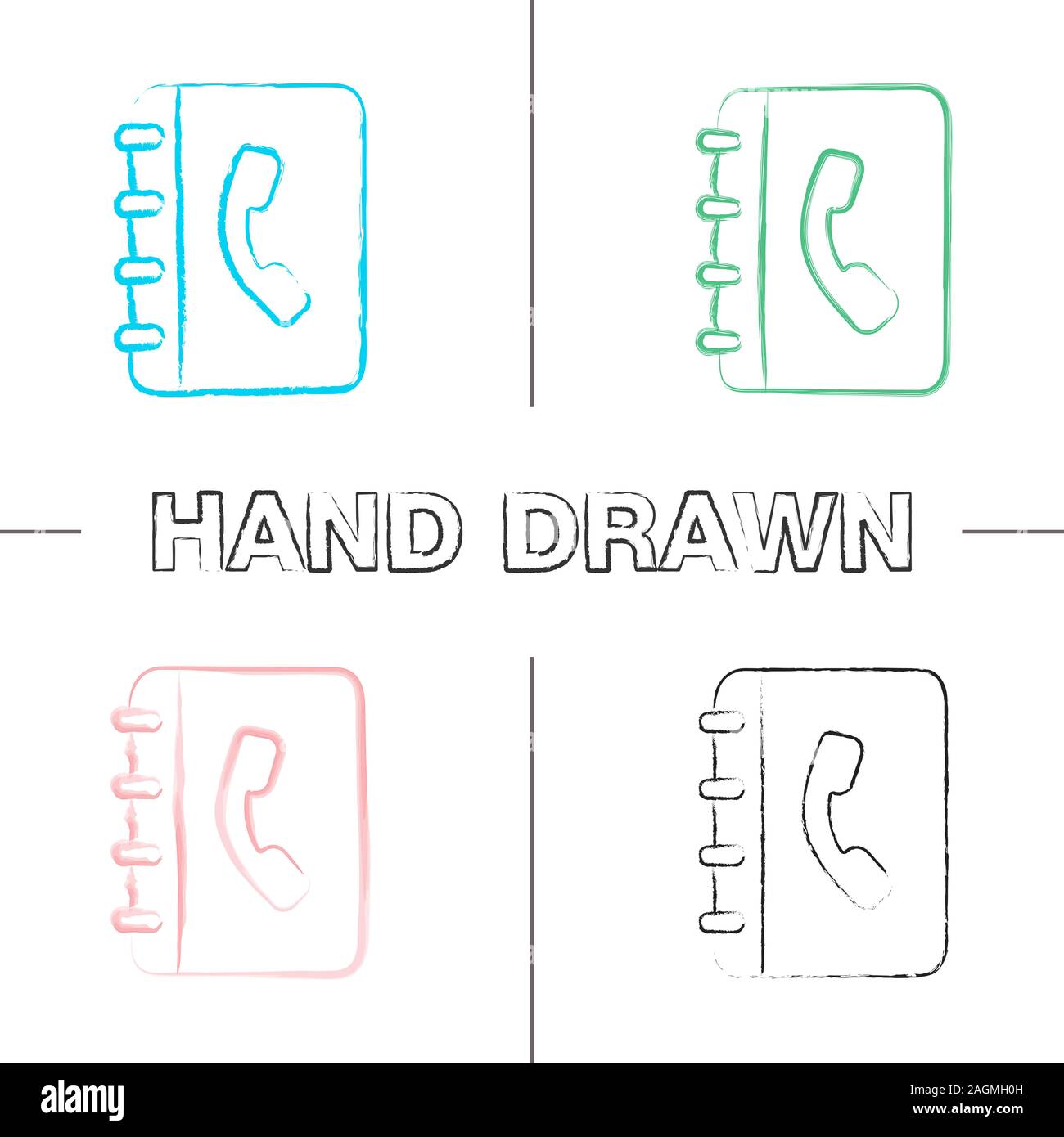 Telephone book hand drawn icons set. Phone contacts. Notepad with ...