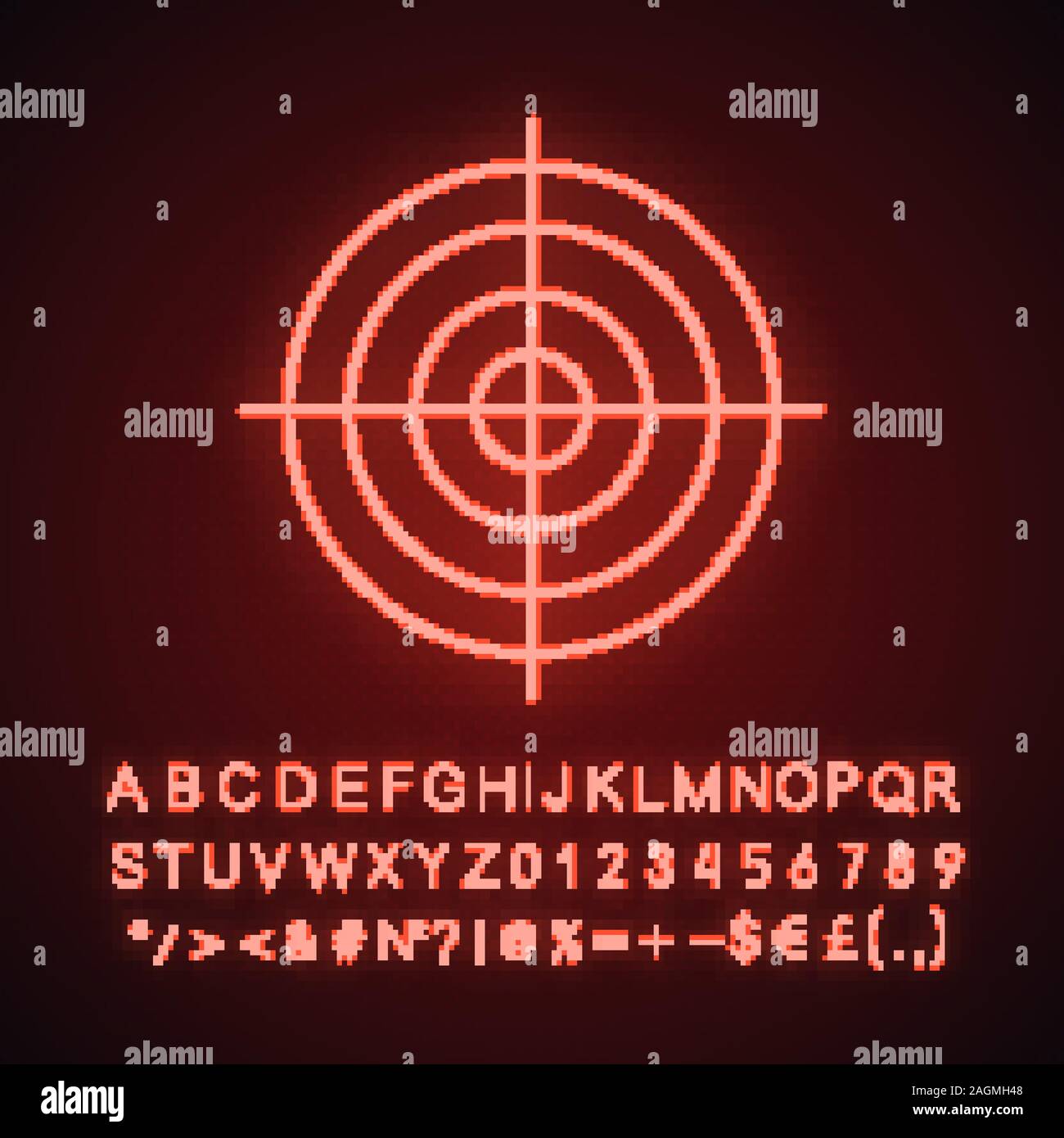 Gun target neon light icon. Aim. Radar. Glowing sign with alphabet ...