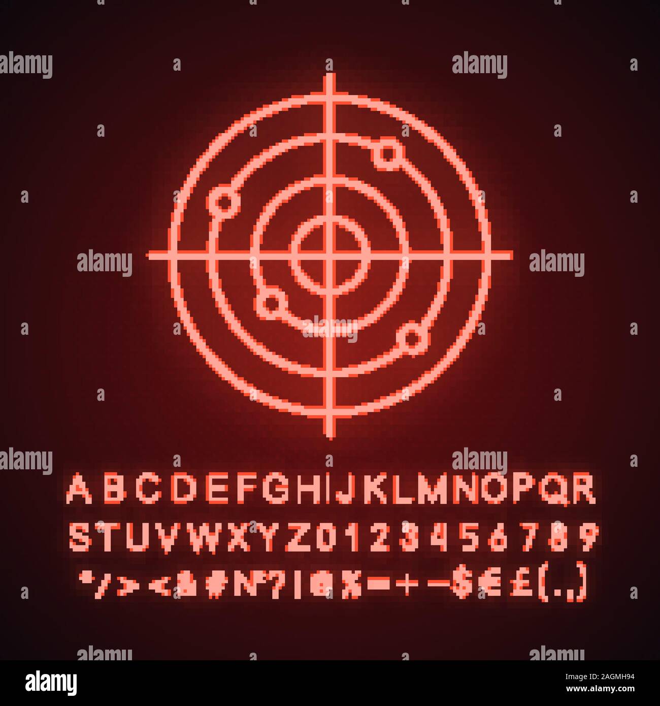 Gun target neon light icon. Aim. Radar. Glowing sign with alphabet ...