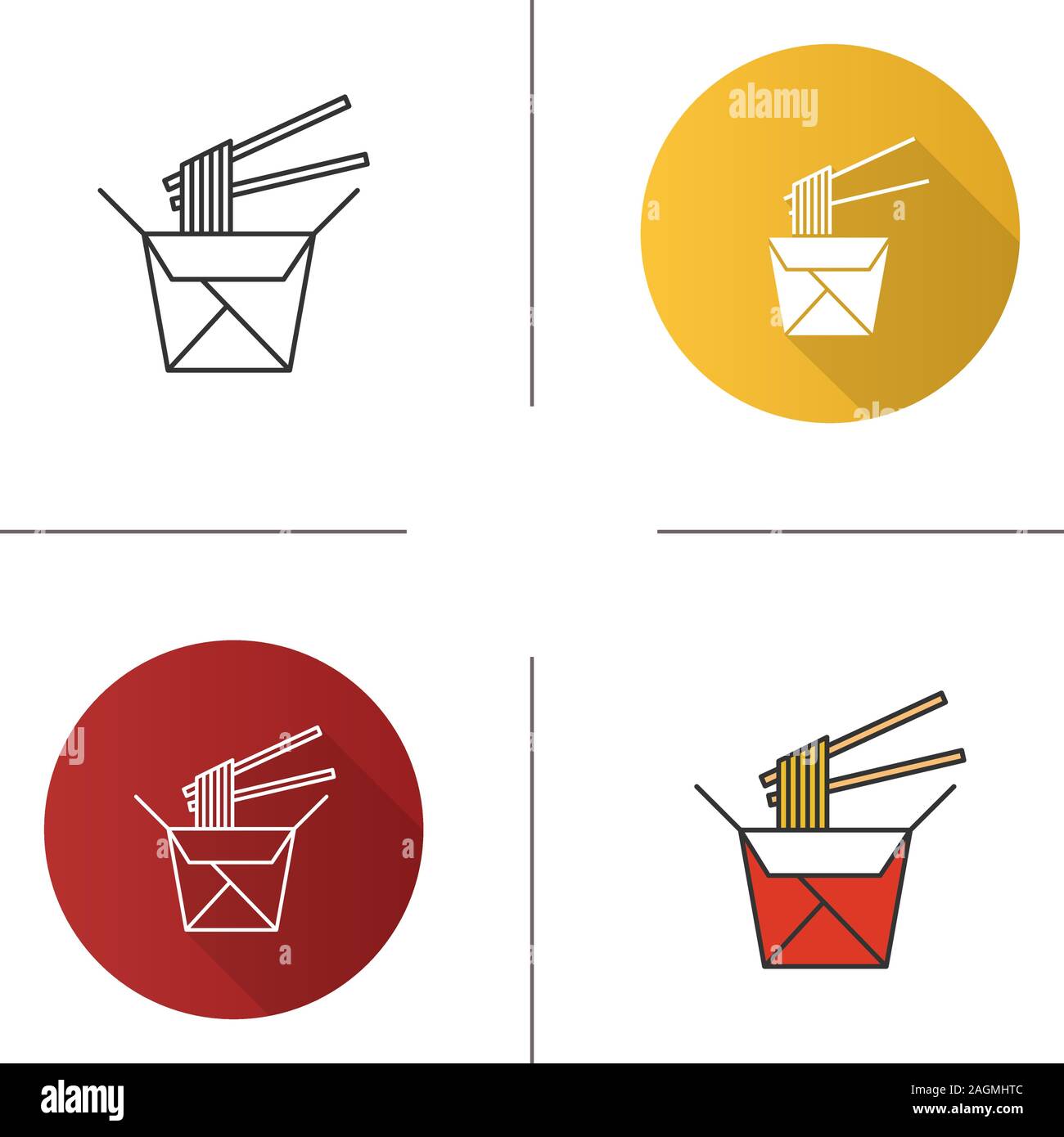 Chinese noodles in paper box and chopsticks icon. Wok noodles. Flat ...