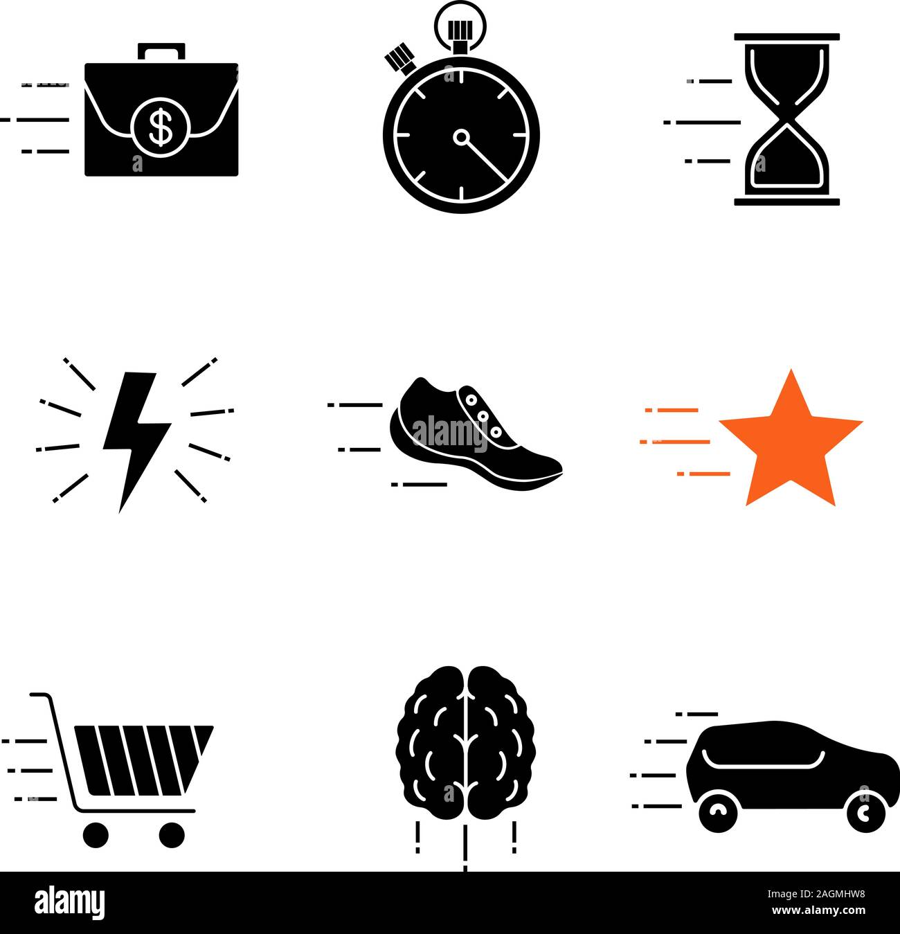 Motion glyph icons set. Speed. Flying briefcase, stopwatch, hourglass ...