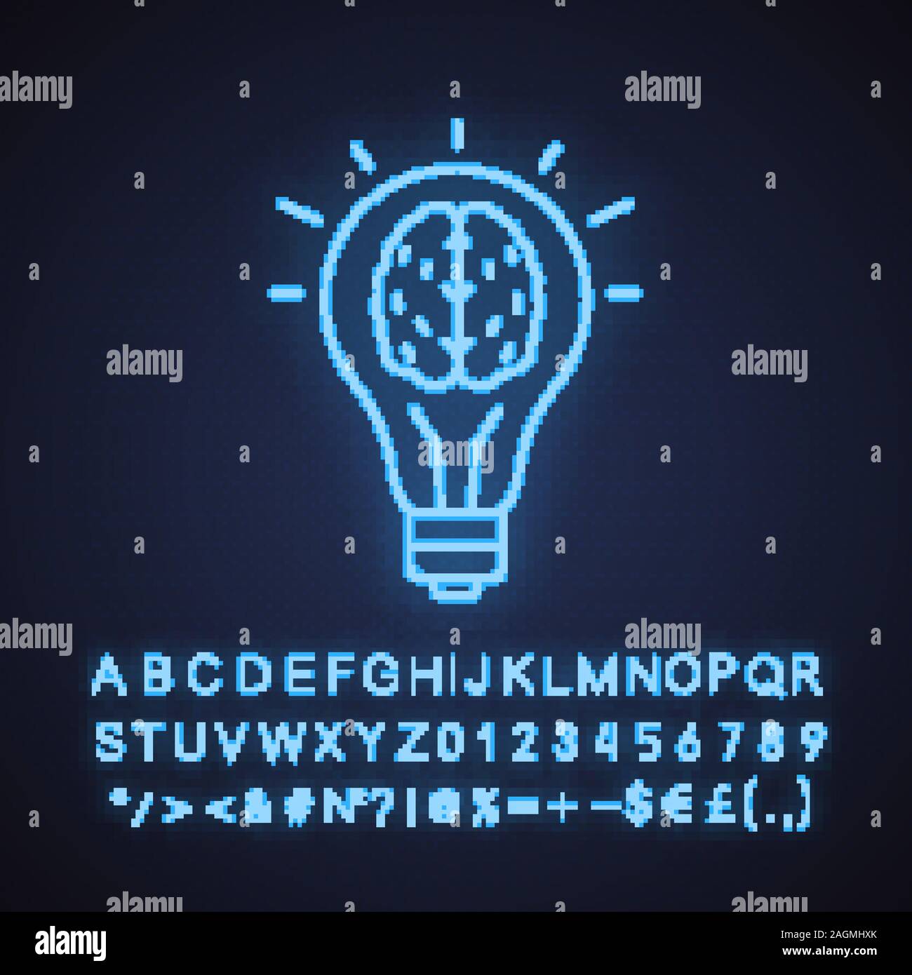 Good idea neon light icon. Human brain inside light bulb. Eureka. Glowing sign with alphabet ...