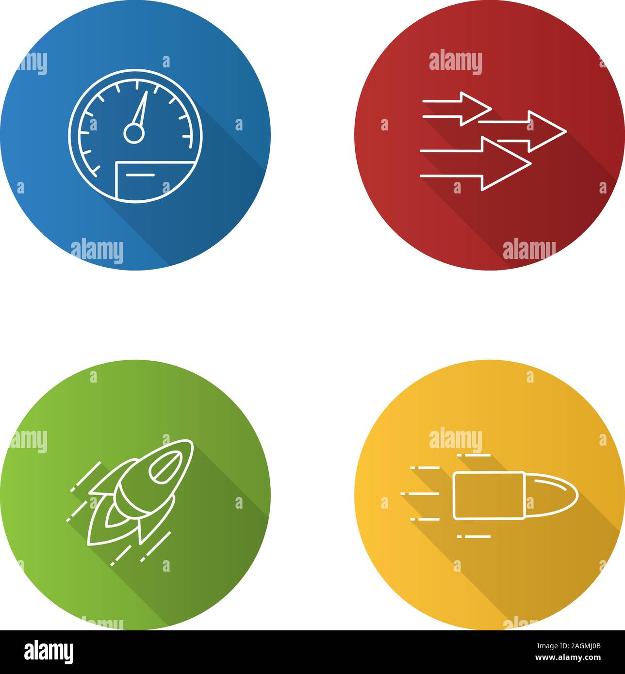 Motion flat linear long shadow icons set. Speed. Speedometer, arrows ...