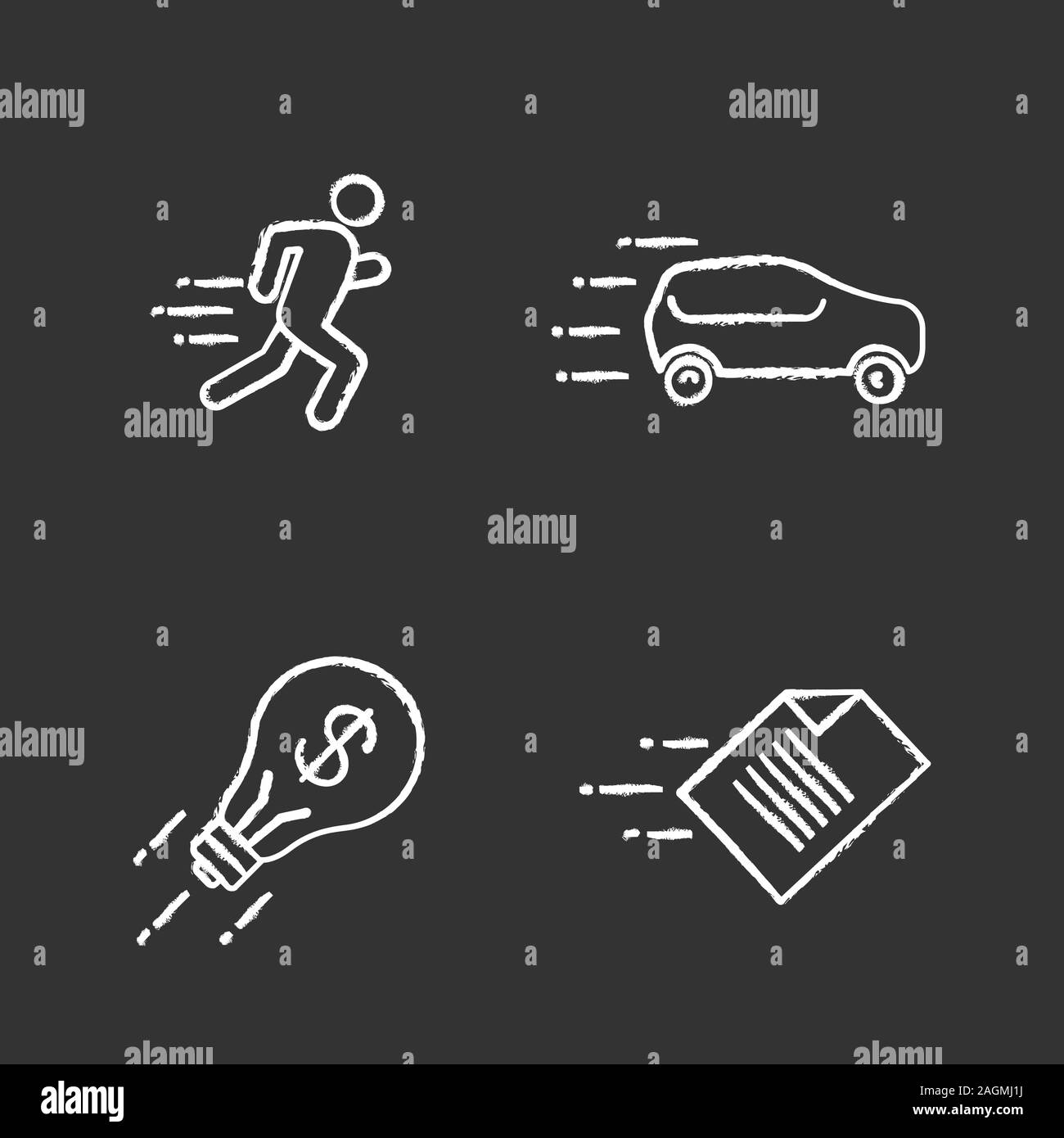 Motion chalk icons set. Speed. Running man, car, flying light bulb and ...