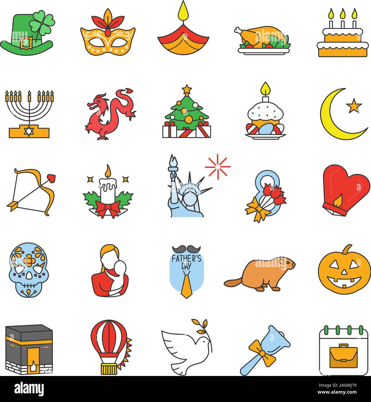 Holidays color icons set. Seasonal holidays of different countries ...