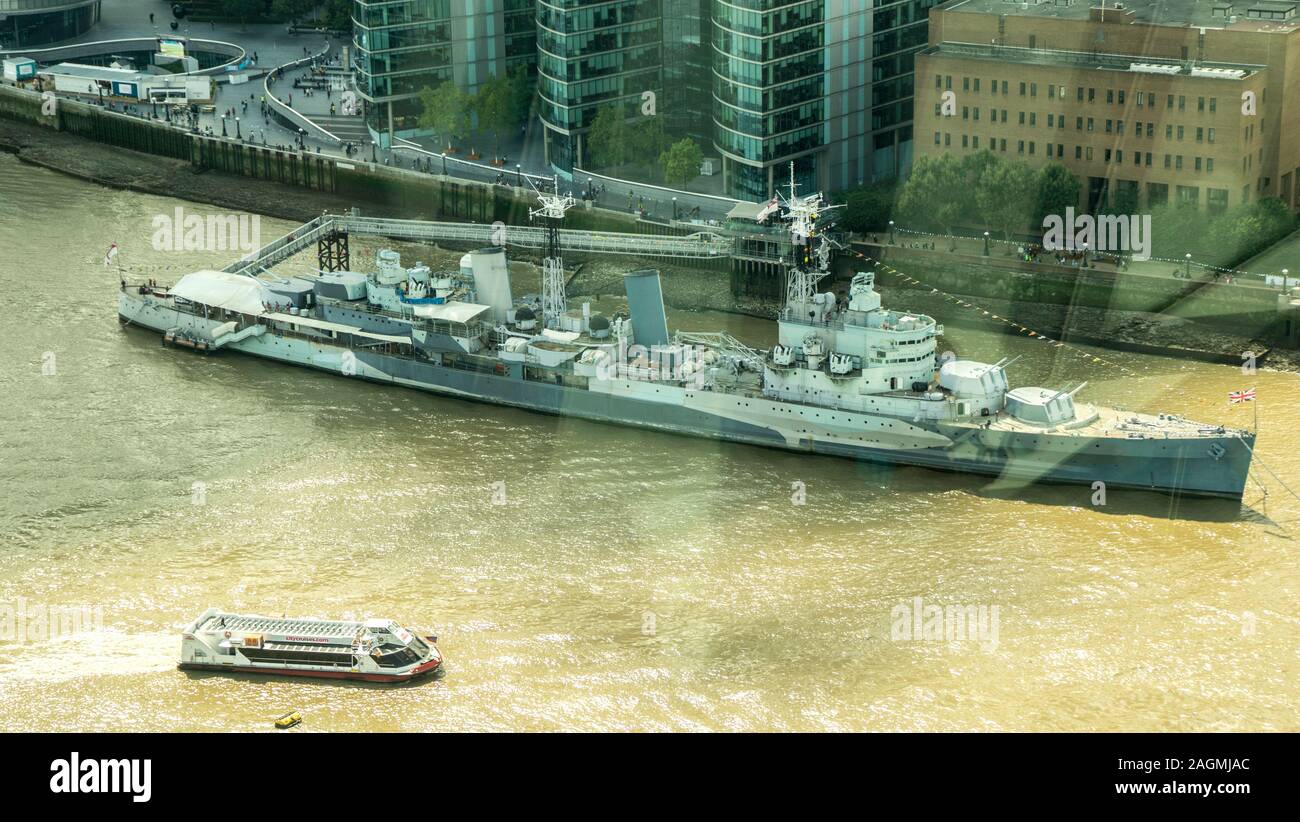 August 20, 2019 – Rover Thames, London, United Kingdom. HMS Belfast, a ...