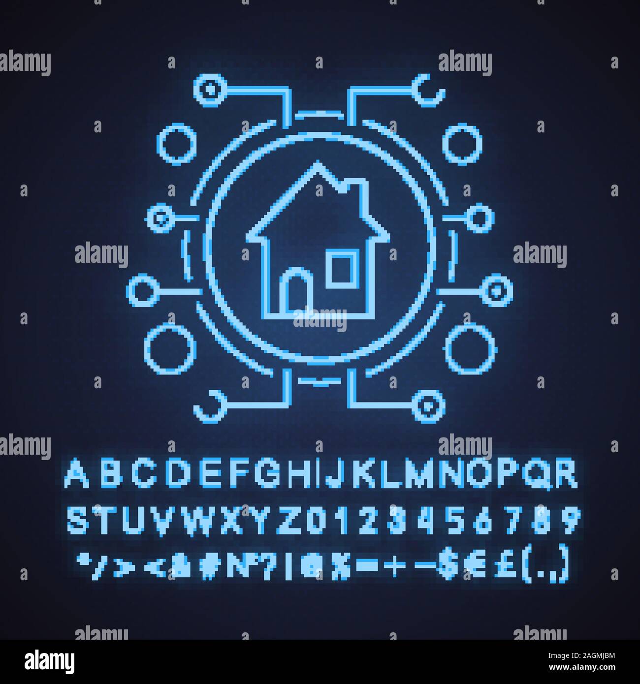 Smart house neon light icon. Smart home in microchip pathways. Glowing ...