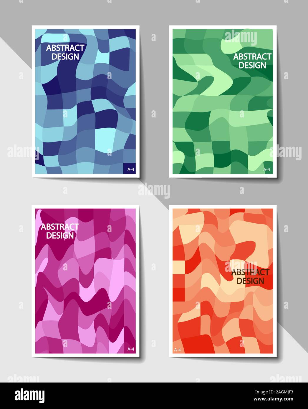 Set of covers with flat color geometric pattern of deformed squares ...