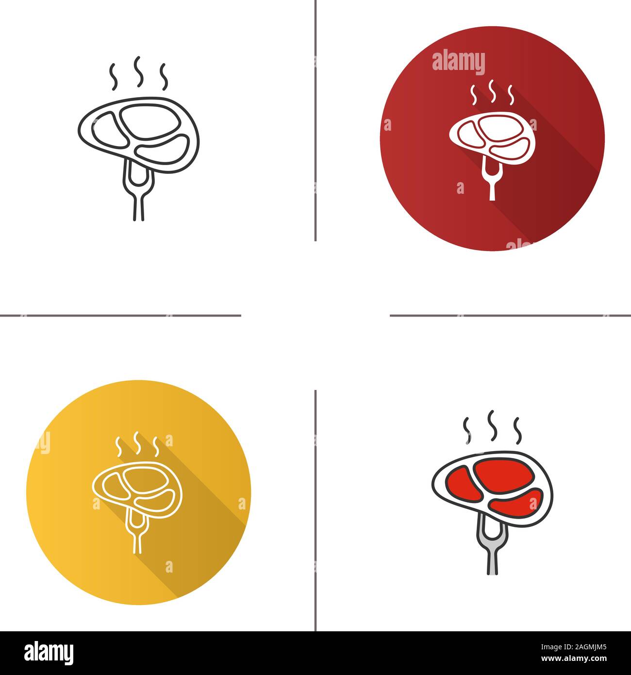 Steak on carving fork icon. Flat design, linear and color styles ...