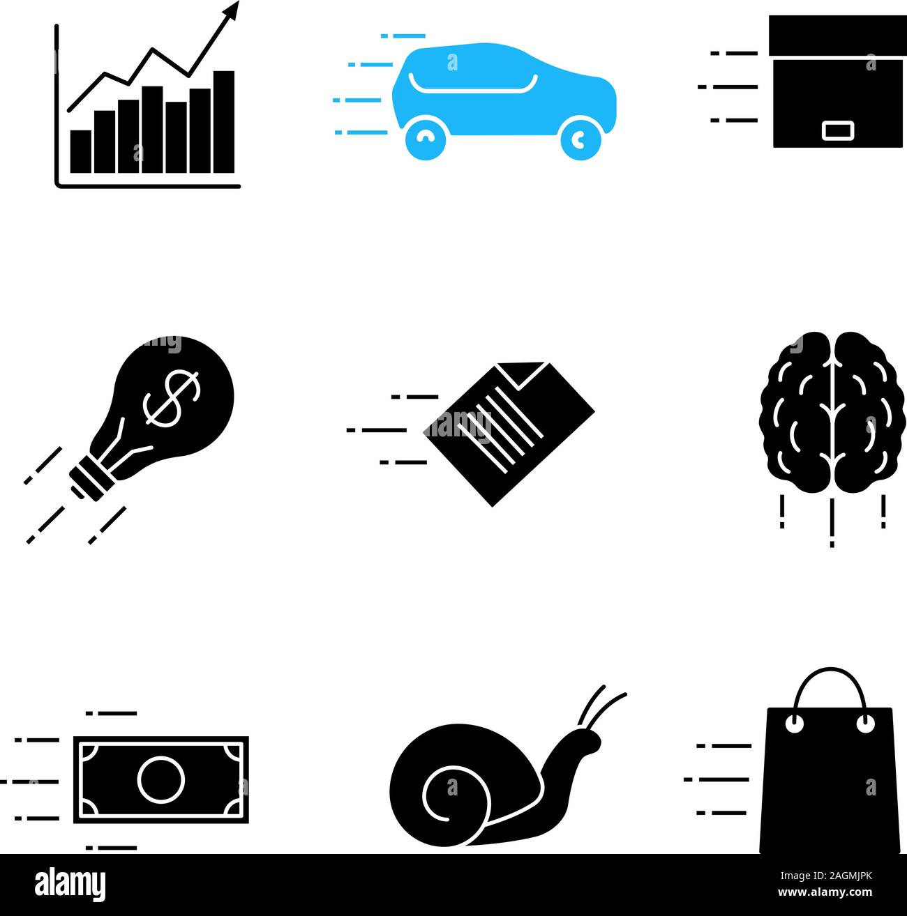 Motion glyph icons set. Speed. Chart, snail, car, flying parcel, file ...