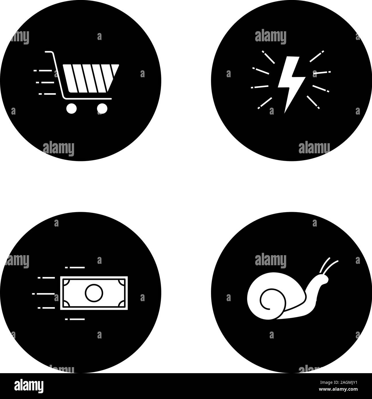 Motion glyph icons set. Speed. Lightning bolt, snail, flying paper ...